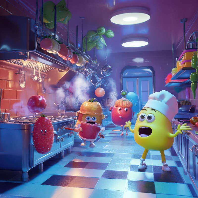 Chaos in the Kitchen, a 3D Animation of Food Characters Stock Photo ...