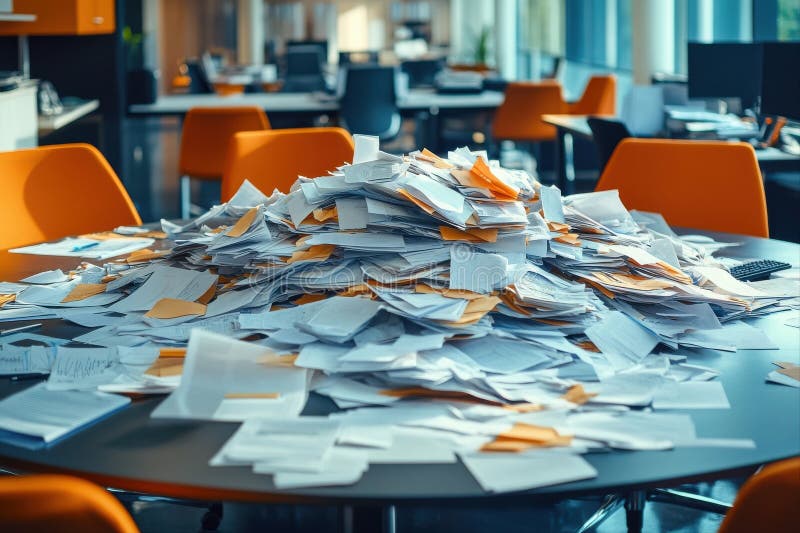 Chaos of Paperwork Overwhelmed by Document Piles in a Bright Modern ...