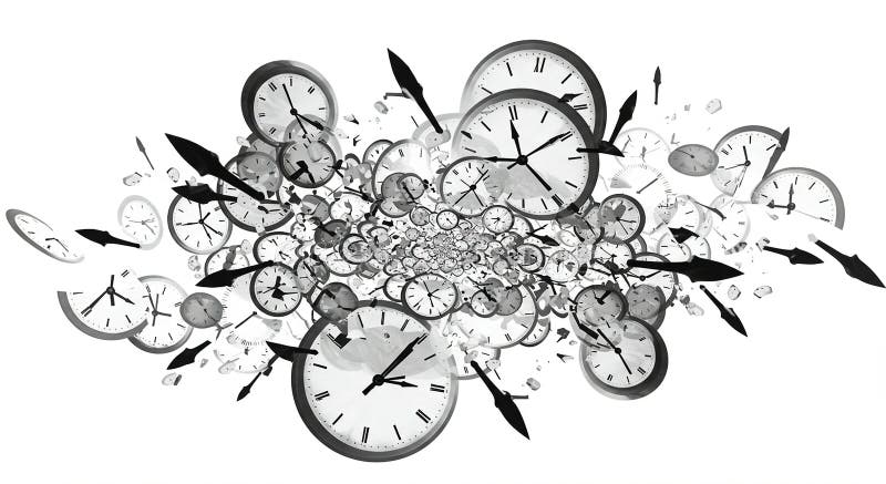 A Chaotic Arrangement of Multiple Clocks with White Faces and Black ...