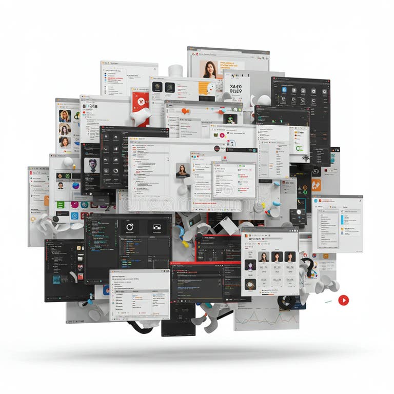 A Chaotic Arrangement of Multiple Computer Interface Windows Floating ...