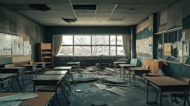 A Chaotic Classroom Environment Featuring Broken Chairs, Disorganized ...