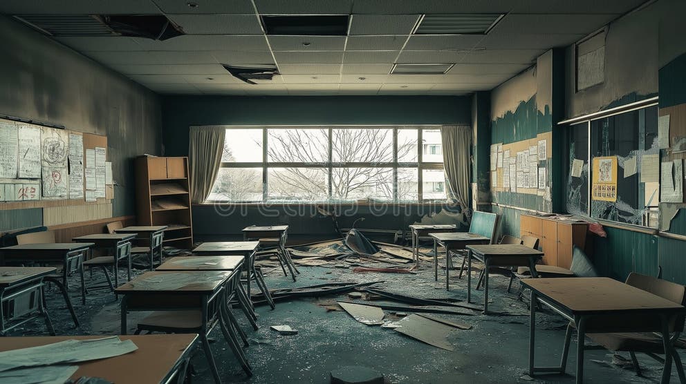 A Chaotic Classroom Environment Featuring Broken Chairs, Disorganized ...