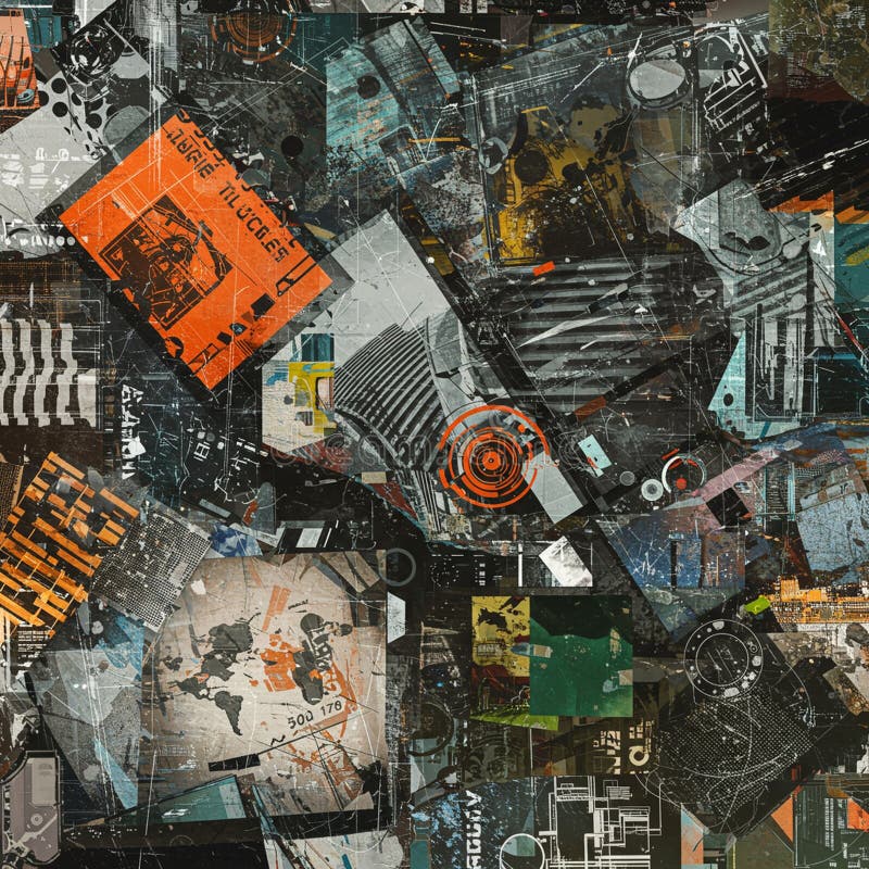 A Chaotic Collage Blending Various Elements of Technology, Maps, and ...