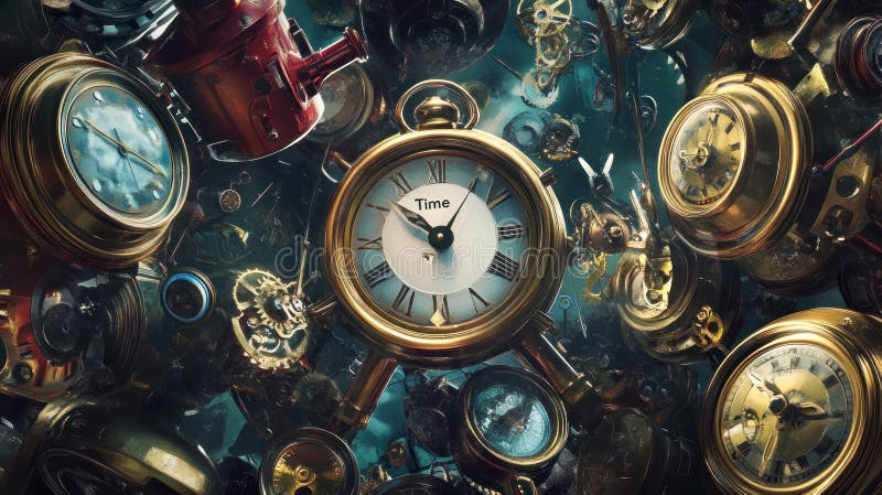 A Chaotic Collection of Antique Clocks and Timepieces Floating in Mid ...