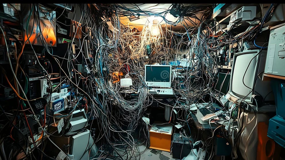 Chaotic Computer Room with Tangled Cables and Vintage Equipment Stock ...