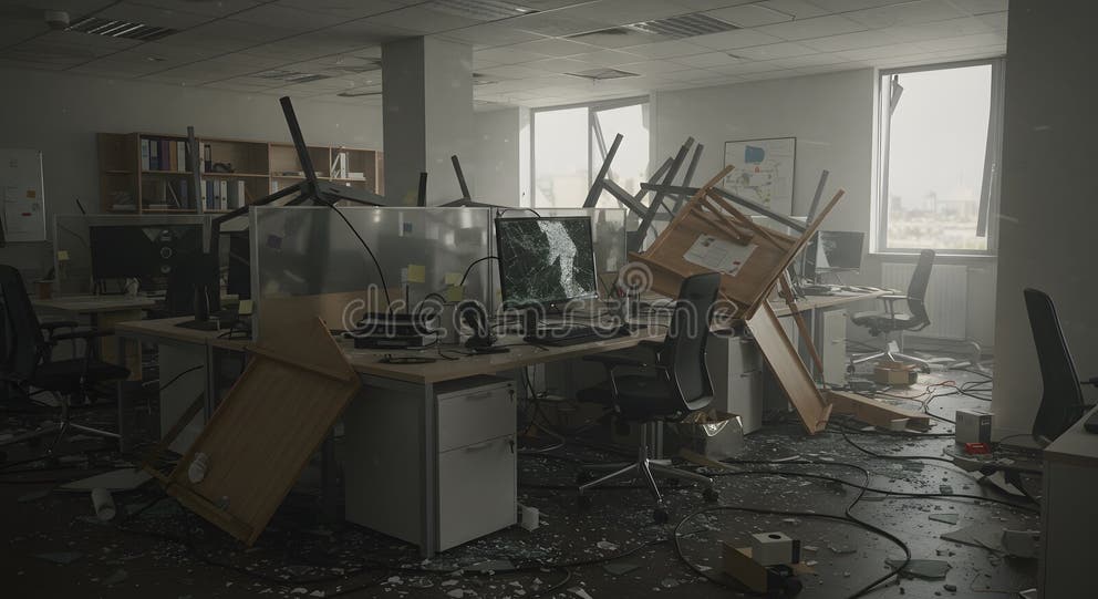 Destroyed and Messy Office Space after a Disaster or Riot (AI Generated ...