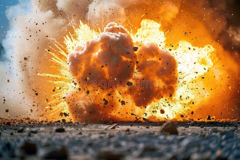 Chaotic Explosion with Flying Debris and Flames Stock Photo - Image of ...