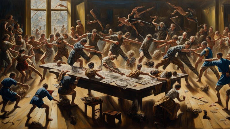 Chaotic Gathering of Men Around Table with Newspapers-Tension and ...