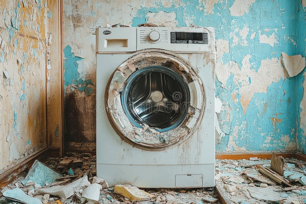 A Chaotic Image of a Smashed Washing Machine in a Laundry Room Stock ...