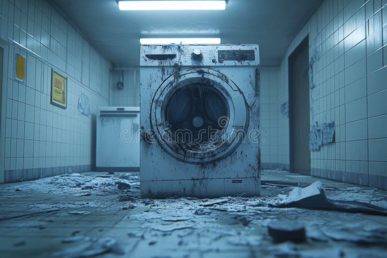 A Chaotic Image of a Smashed Washing Machine in a Laundry Room Stock ...