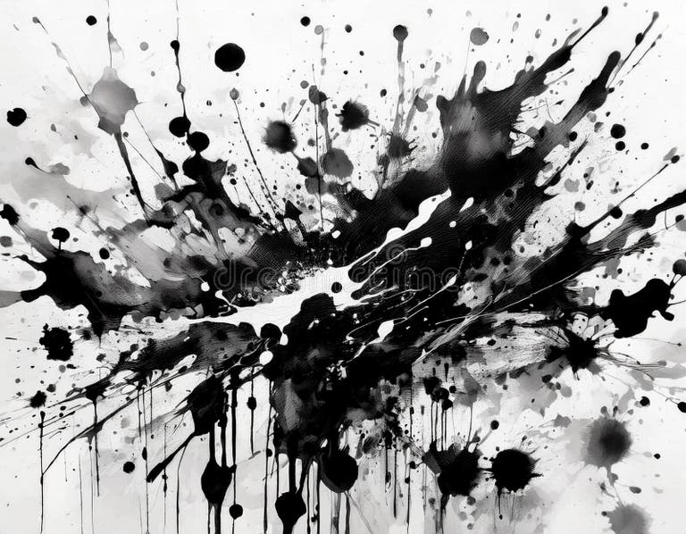 Chaotic Ink Drops Splattered Black Abstract Liquid Texture on White ...