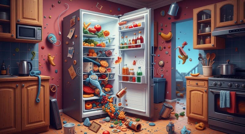 Chaotic Kitchen with Open Fridge Overflowing with Food in Vibrant Mess ...