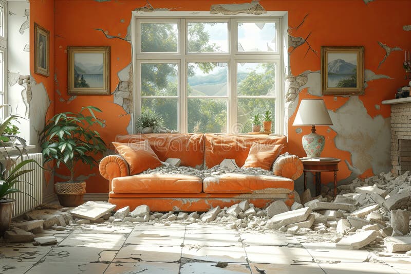 Chaotic Living Room with Debris after Destruction Stock Illustration ...