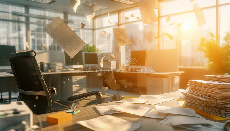 Chaotic Office Desk with Papers Flying in Sunlight Stock Photo - Image ...