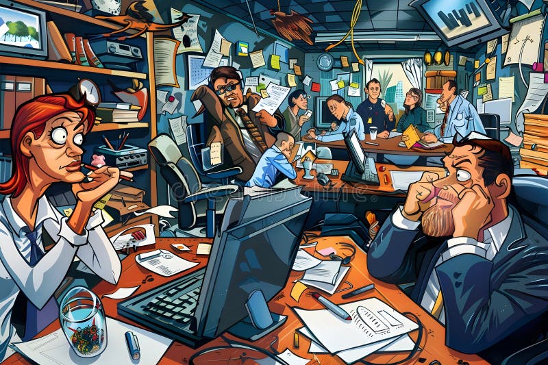 A Chaotic Office Scene Depicts Busy Workers, Documents, and Technology ...