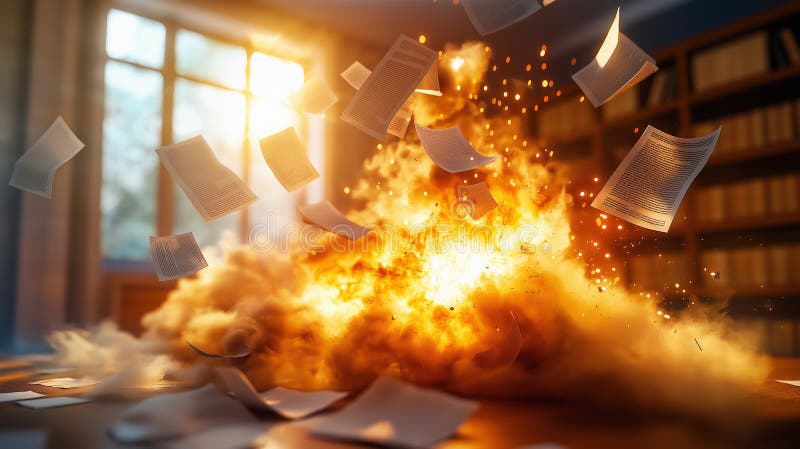 Chaotic Office Scene with Explosion Papers Flying Everywhere and Warm ...
