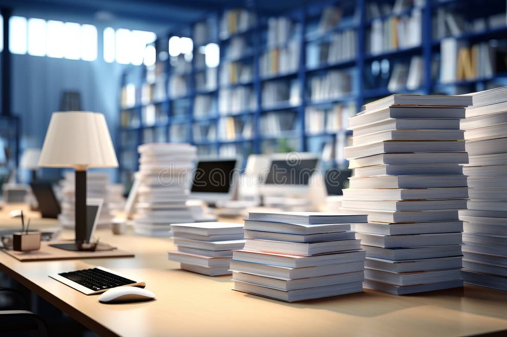 A Chaotic Office Scene with a Tall Stack of Papers Indicating a Work ...