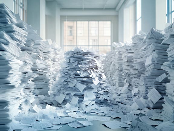 Chaotic Office Space Filled with Towering Piles of Disorganized ...