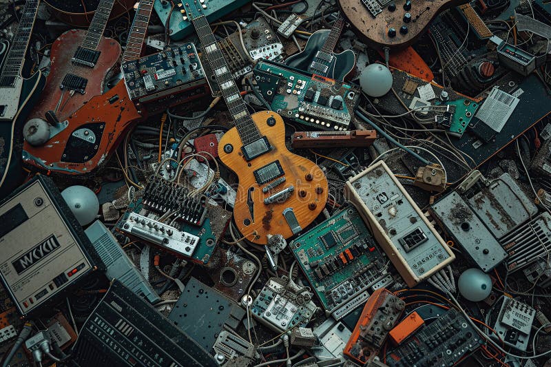A Pile of Old Electronic Components and Waste Including Guitars Stock ...