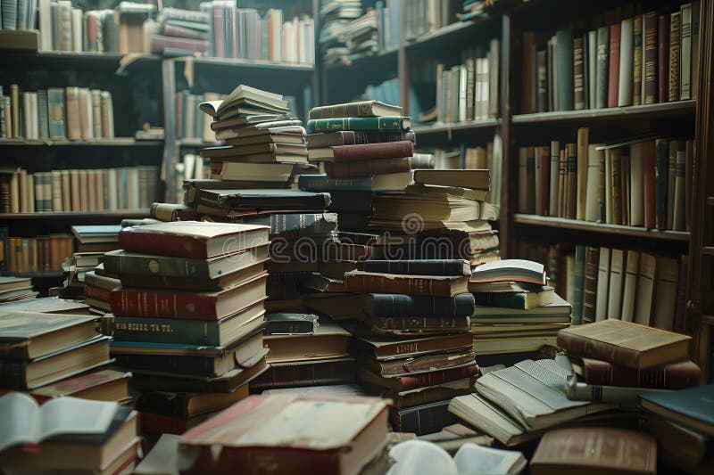 A Chaotic Scene of Books of Various Sizes Piled Up in a Crowded Library ...