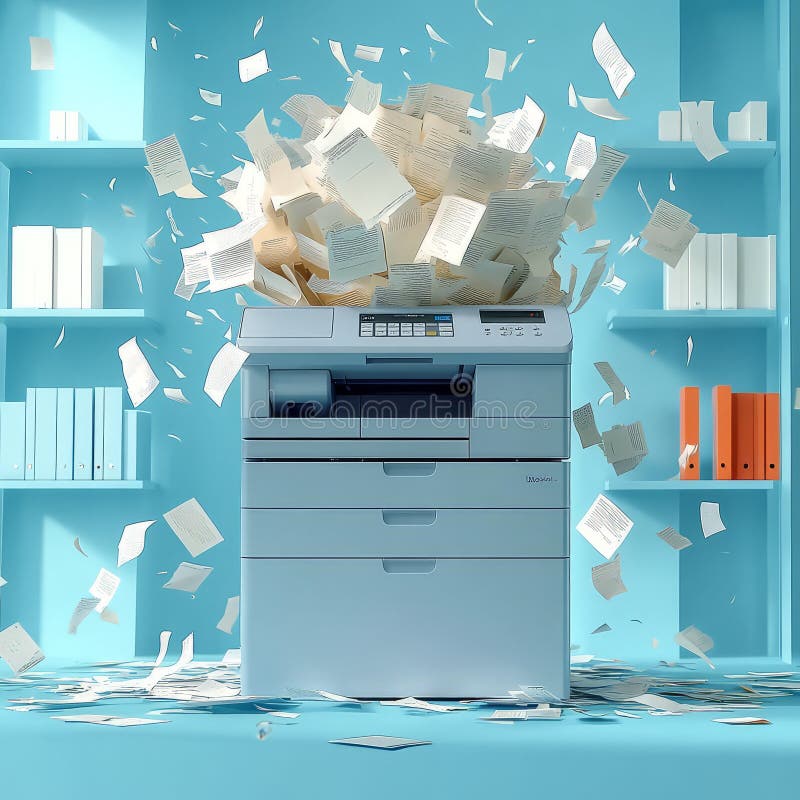 A Chaotic Scene of a Printer Malfunction with Flying Papers in a Serene ...