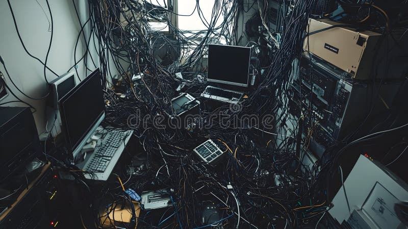 Chaotic Server Room with Tangled Cables and Multiple Computer Screens ...