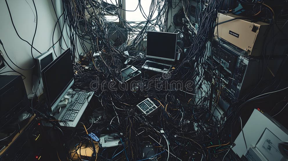 Chaotic Server Room with Tangled Cables and Multiple Computer Screens ...