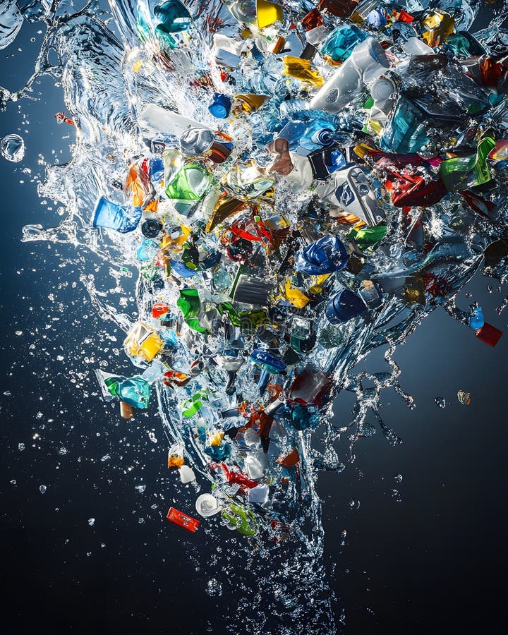 Colorful Plastic Waste Swirling in Water, Dark Background Stock ...