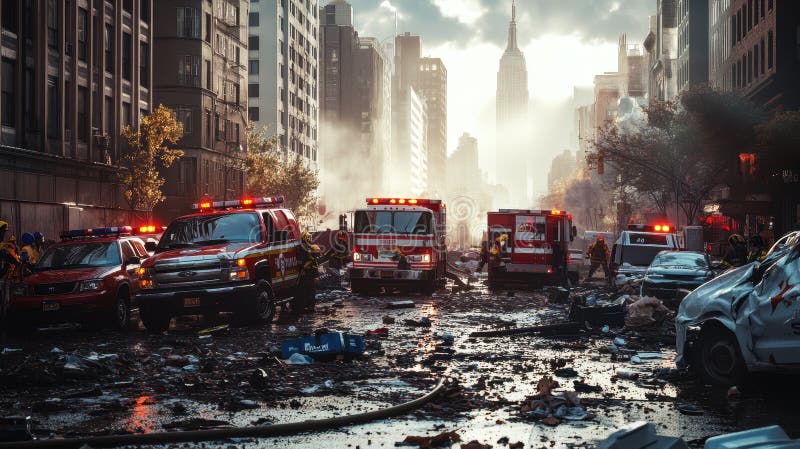 A Chaotic Urban Scene with Emergency Vehicles Amidst Debris and Smoke ...