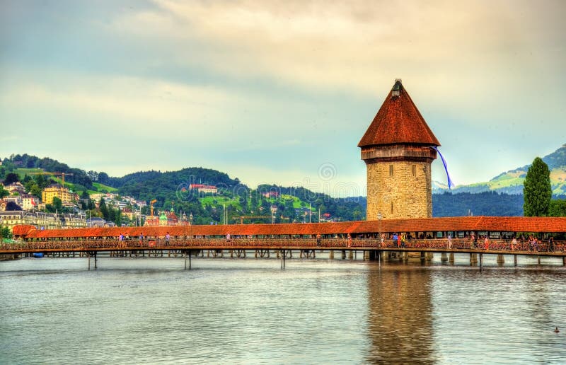 Chapel Bridge and Water Tower in Luzern, Switzerland Stock Image ...