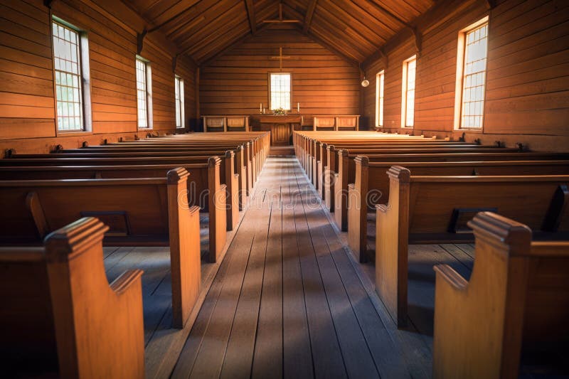 A Chapel Interior with Rows of Empty Wooden Pews Stock Image - Image of ...