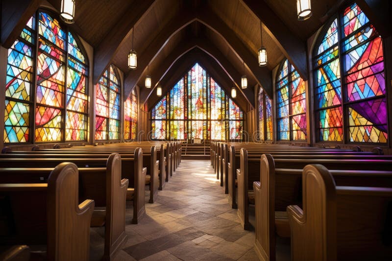 A Chapel Interior with Stained Glass Windows Stock Image - Image of ...