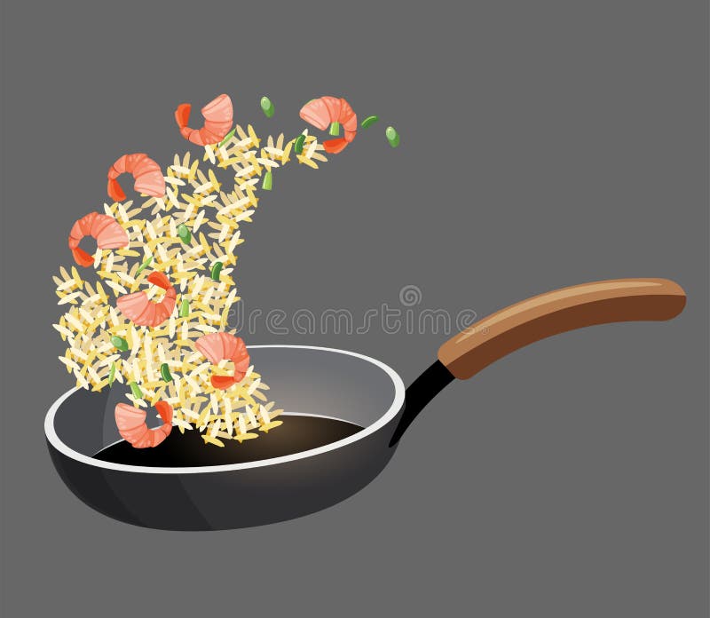 Fried Rice with Shrimp and Vegetables in a Pan Vector Illustration ...