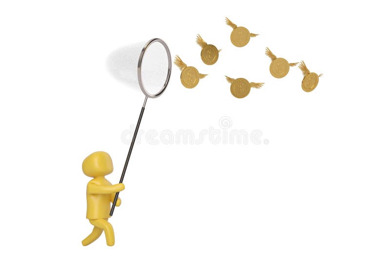 A Character Catching Coins with a Net.3D Illustration. Stock ...