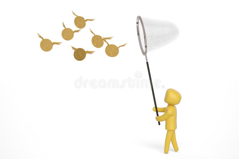 A Character Catching Coins with a Net.3D Illustration. Stock ...