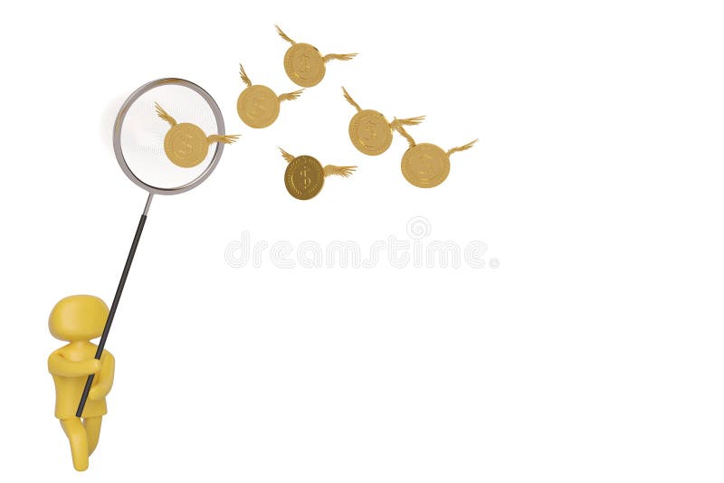 A Character Catching Coins with a Net.3D Illustration. Stock ...