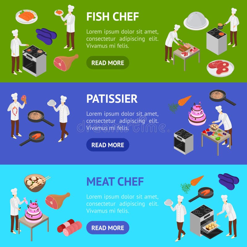 Character Chef Cooks Concept Banner Horizontal Set 3d Isometric View ...
