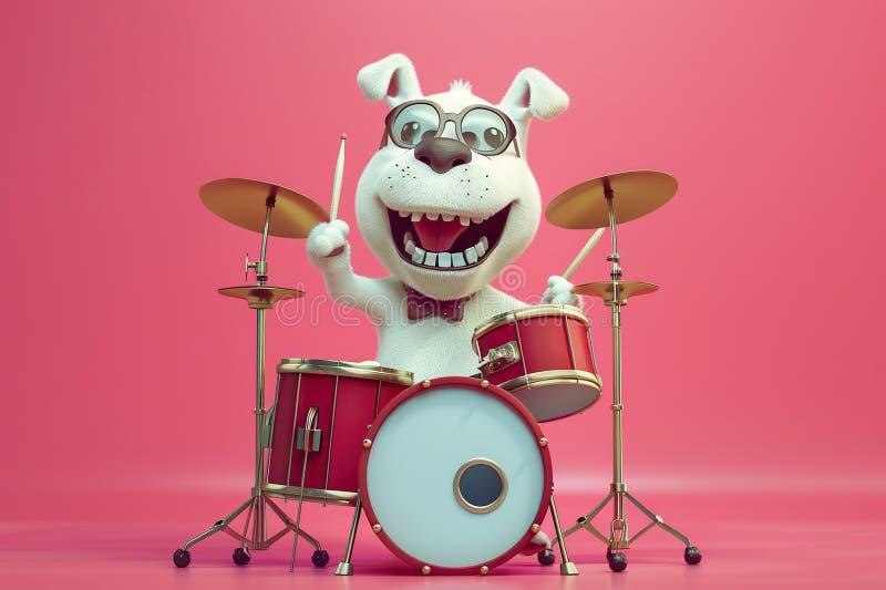 A Character of a Cute Dog in a Cartoon Style Playing a Drum Set on a ...