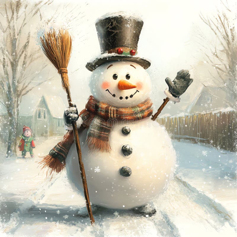 Character Cute Friendly Snowman with a Top Hat and a Broom Stock Image ...