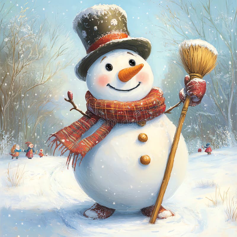 Character Cute Friendly Snowman with a Top Hat and a Broom Stock Image ...