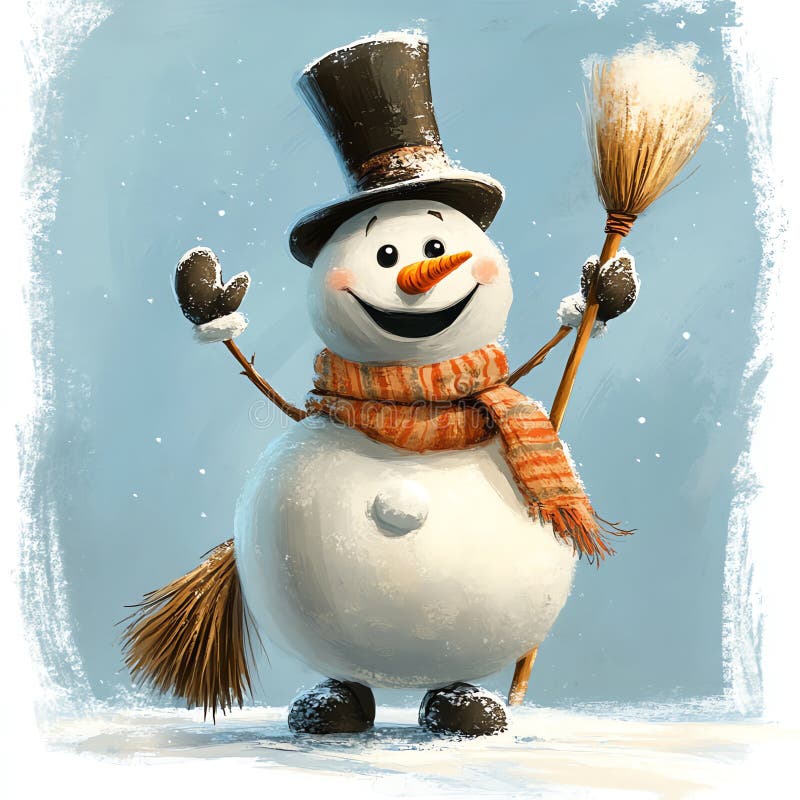 Character Cute Friendly Snowman with a Top Hat and a Broom Stock Image ...
