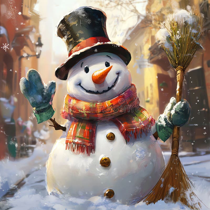 Character Cute Friendly Snowman with a Top Hat and a Broom Stock Image ...