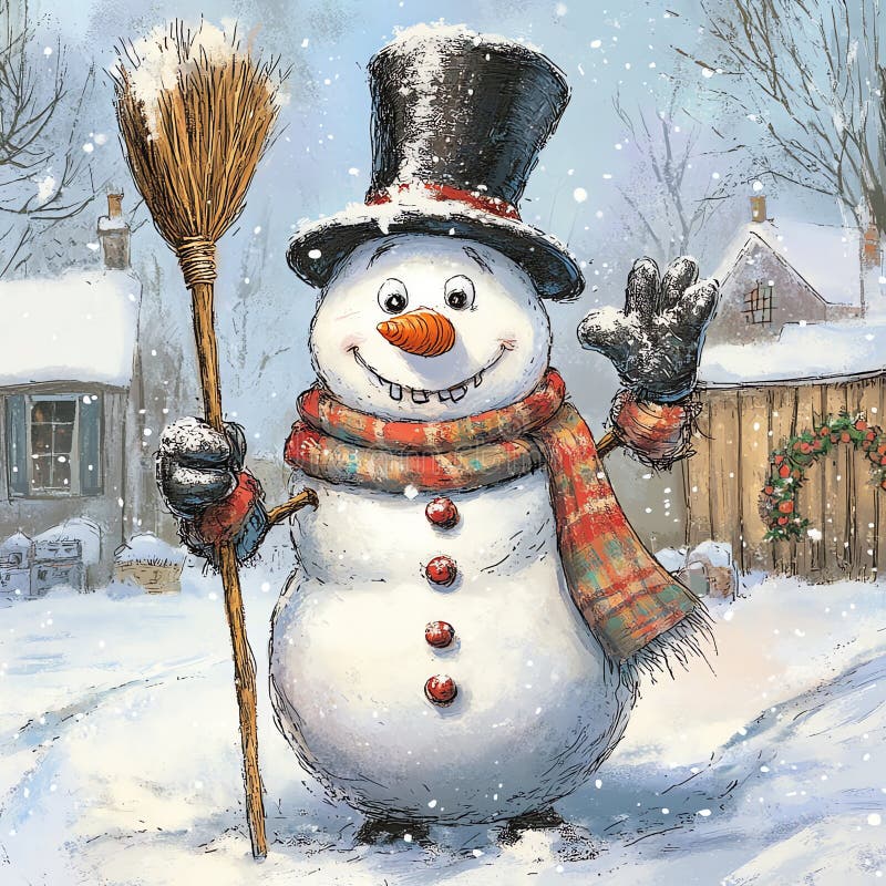 Character Cute Friendly Snowman with a Top Hat and a Broom Stock Photo ...