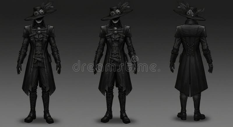 Character Design Featuring a Dark, Mysterious Figure Viewed from Three ...