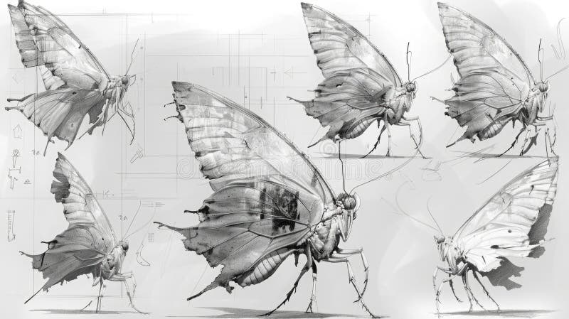 Character Design Sheet: Butterfly Anatomy Study in Pencil Sketch Stock ...