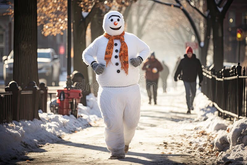 Character Dressed As a Snowman Runs Down the Christmas Street Stock ...