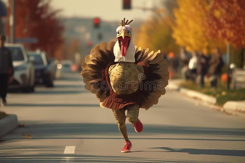 Character Dressed As a Turkey Runs Down the Street with a Marathon ...
