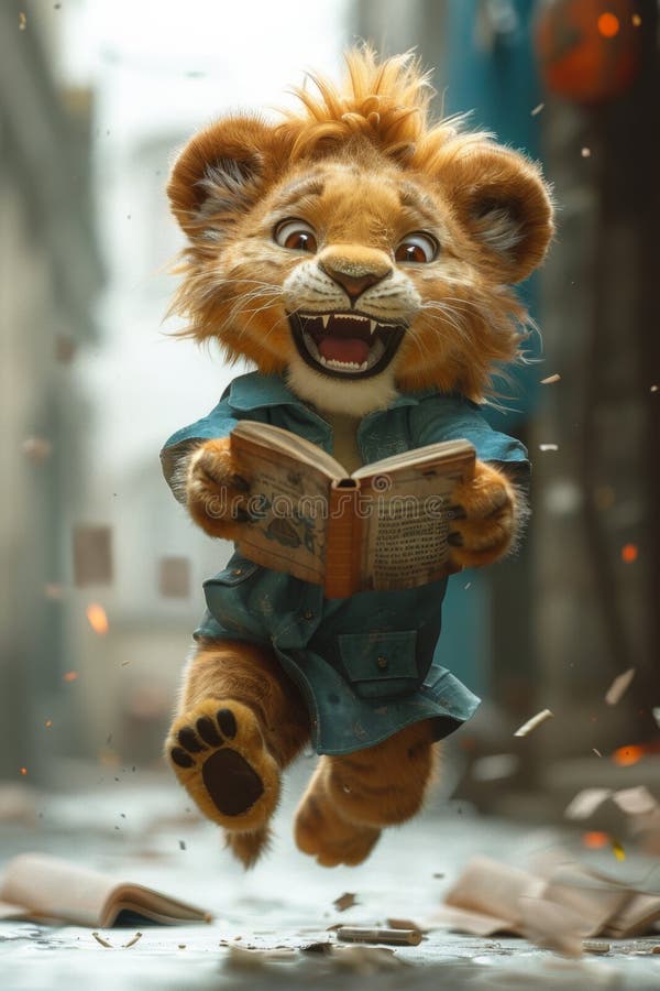 A Character in the Form of a Smart Lion Reading a Book . 3d ...