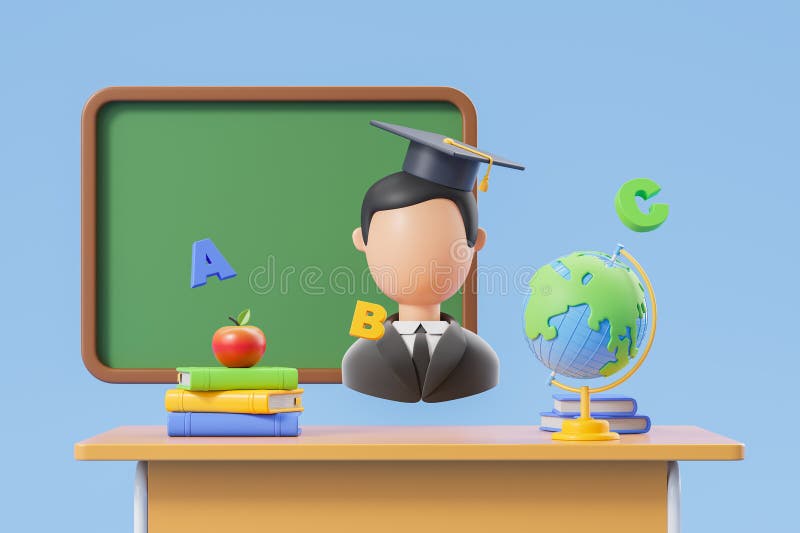 Character with Graduation Cap at School Table, Chalkboard with Abc and ...