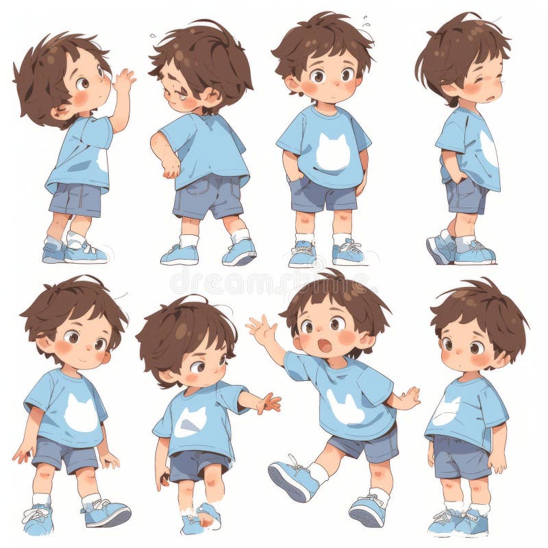 Character Illustration of a Young Boy in Different Poses on a White ...